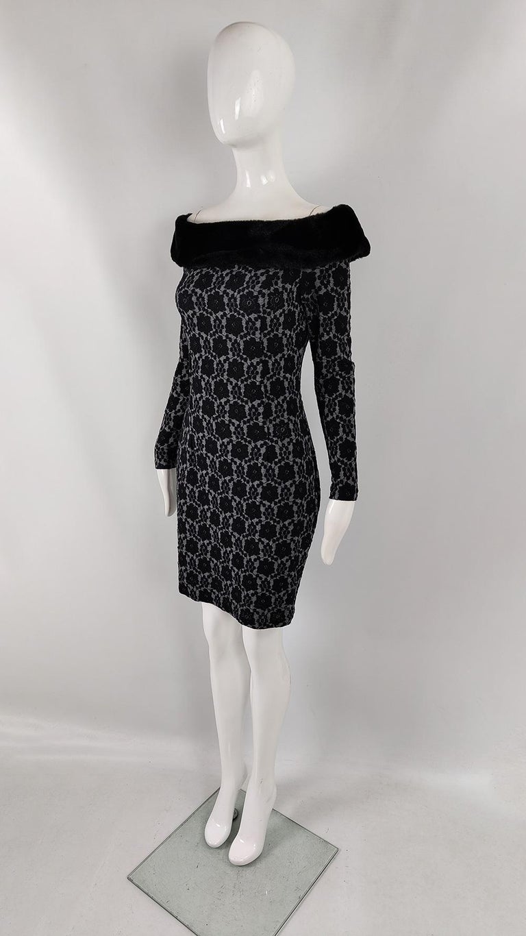 Ikito Vintage 90s Sexy Black Lace Faux Fur Trim Off the Shoulder Party ...