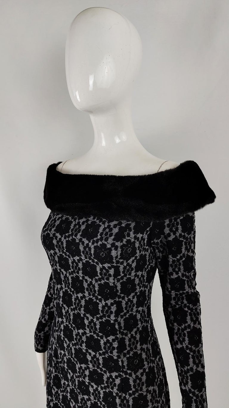 Ikito Vintage 90s Sexy Black Lace Faux Fur Trim Off the Shoulder Party ...
