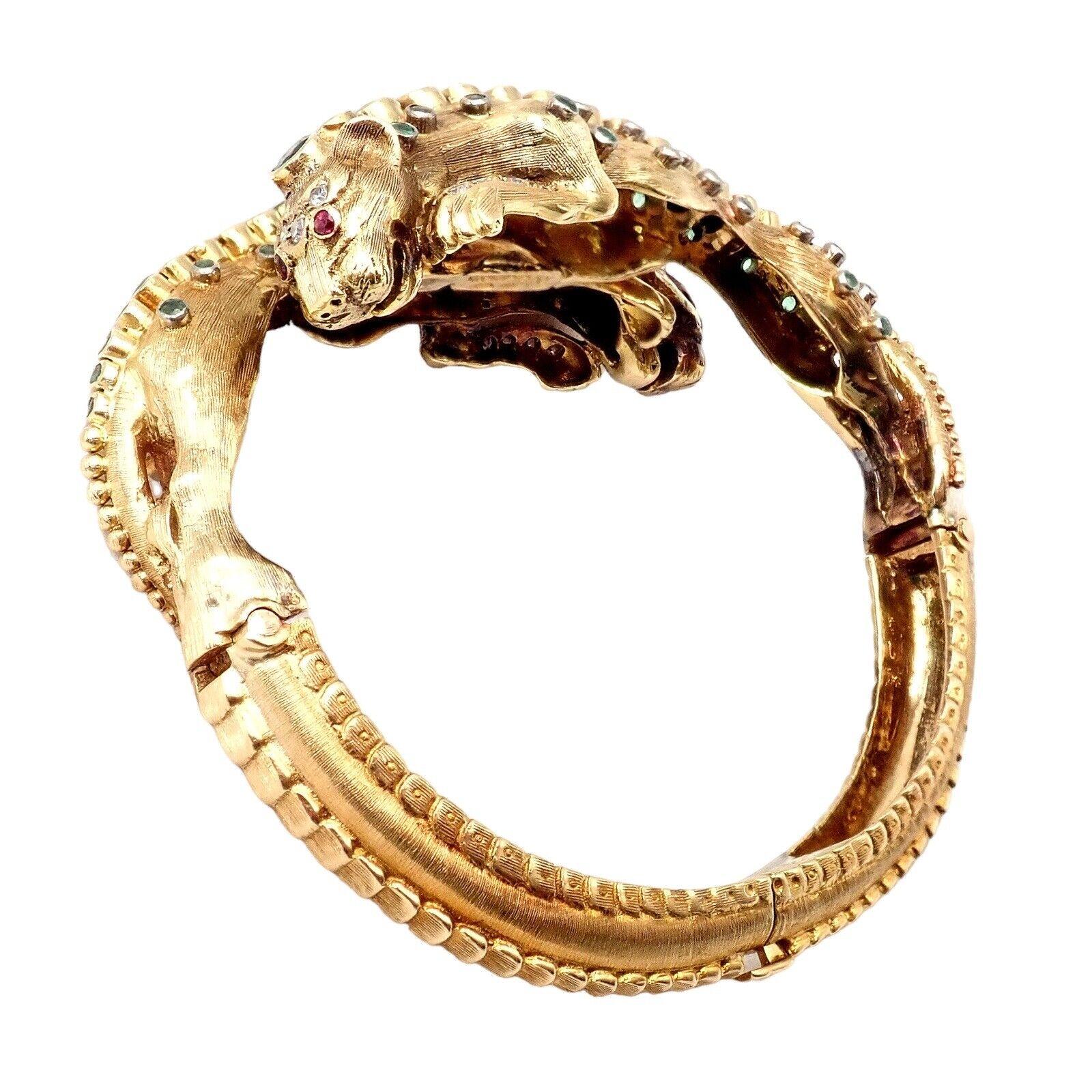 Ilias Lalaounis Diamond Emerald Lioness Yellow Gold Bangle Bracelet For ...