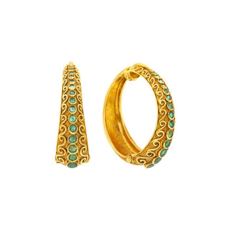 Ilias Lalaounis Pair of Gold and Emerald Hoop Earclips For Sale at 1stDibs