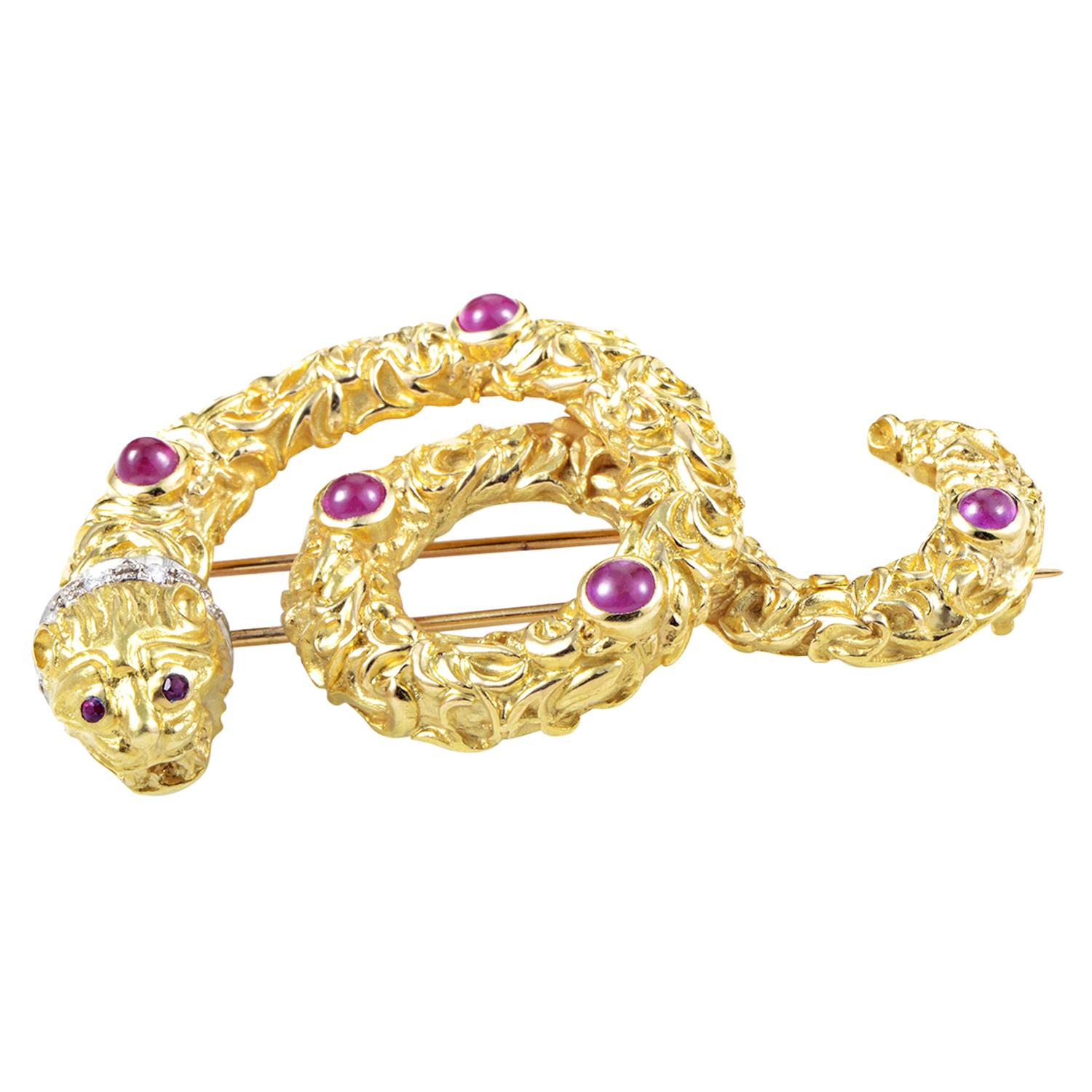 Ilias Lalaounis Ruby Diamond 18 Karat Yellow and White Gold Snake Pin ...