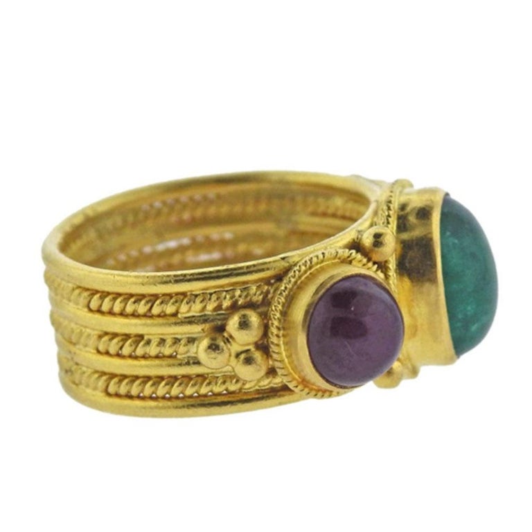 Ilias Lalaounis Ruby Emerald 22 Karat Yellow Gold Band Ring at 1stDibs