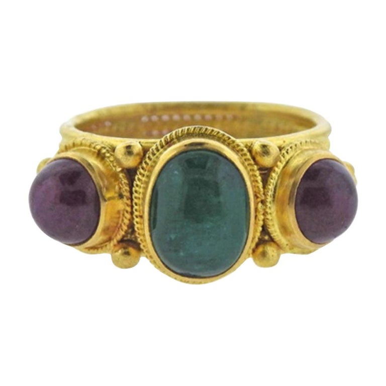 Ilias Lalaounis Ruby Emerald 22 Karat Yellow Gold Band Ring at 1stDibs