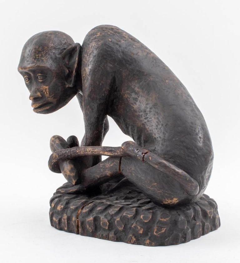 Illegibly Signed Folk Art 'Monkey' Wood Sculpture For Sale at 1stDibs