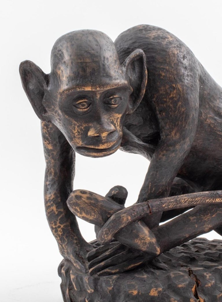 Illegibly Signed Folk Art 'Monkey' Wood Sculpture For Sale at 1stDibs