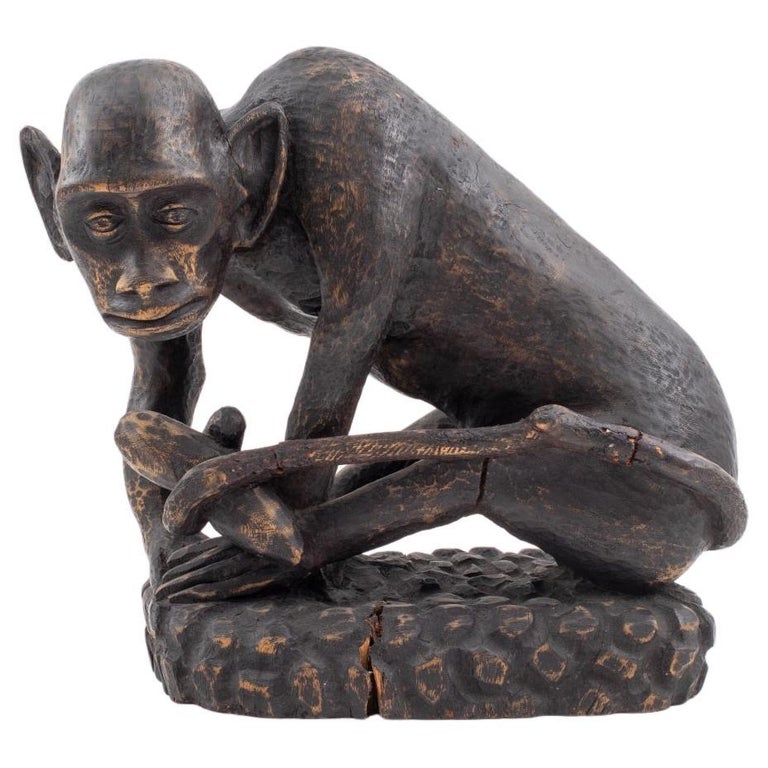 Illegibly Signed Folk Art 'Monkey' Wood Sculpture For Sale at 1stDibs
