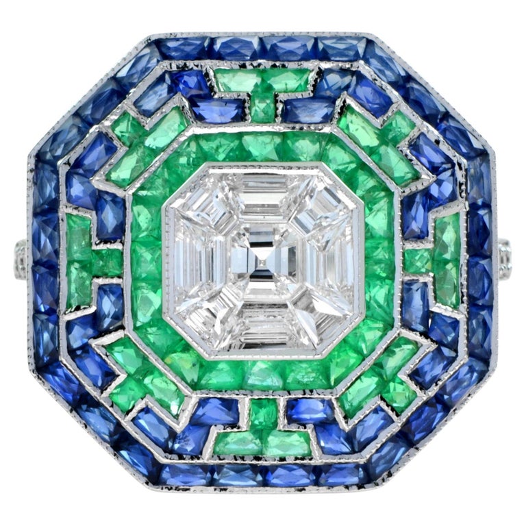 Illusion Asscher Cut Diamond with Emerald Sapphire Halo Octagonal Shape ...