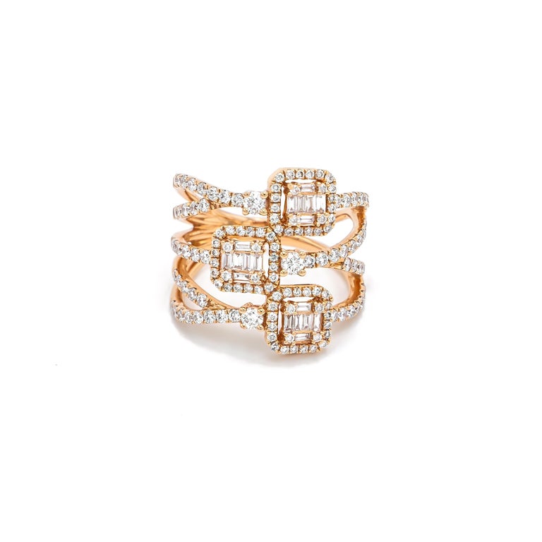 Illusion Emerald Cut Diamond Set in Triple Criss-Cross Layered Cocktail ...