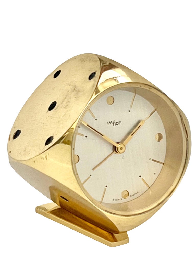 Imhof Mid Century Gold Dice Motif Swiss Alarm Clock For Sale at 1stDibs