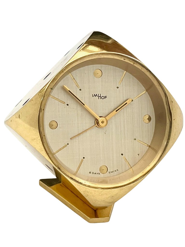 Imhof Mid Century Gold Dice Motif Swiss Alarm Clock For Sale at 1stDibs