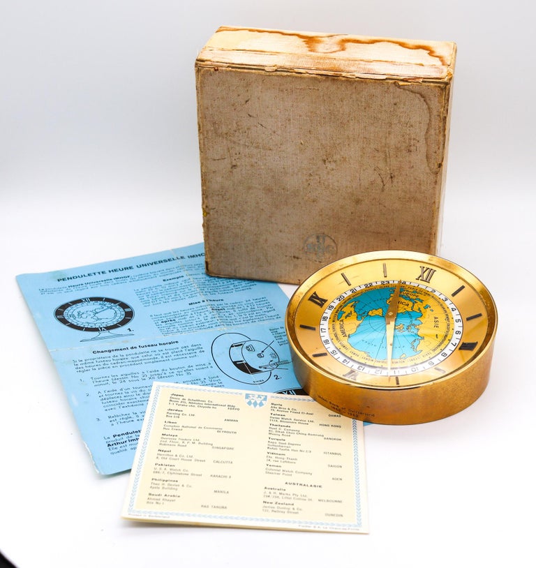 Imhof Switzerland 1960 World Timer 8 Days Desk Clock in Bronze and 24h ...