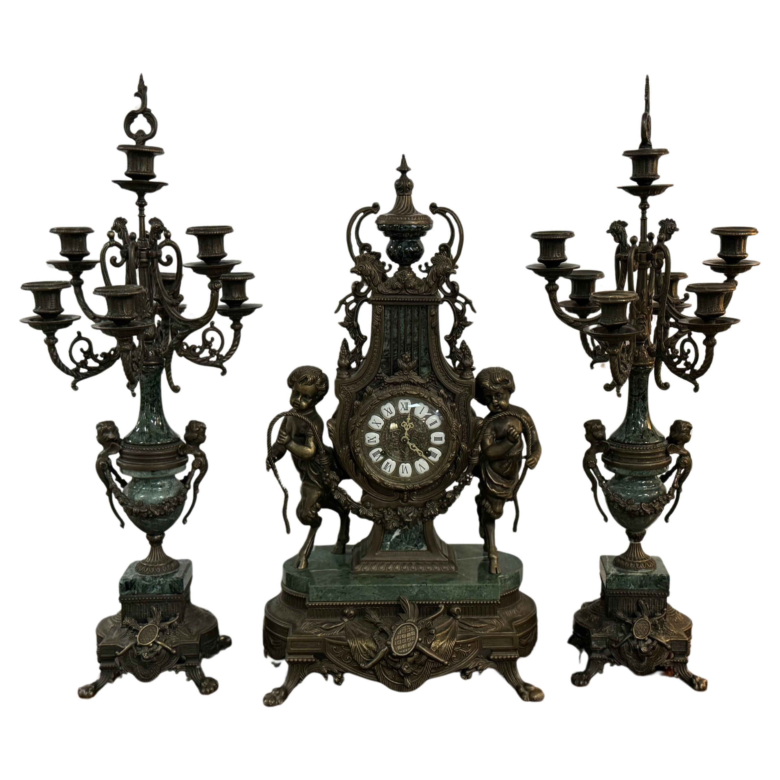 Vintage Lancini Italian Candelabras and Mantle Clock For Sale at 1stDibs
