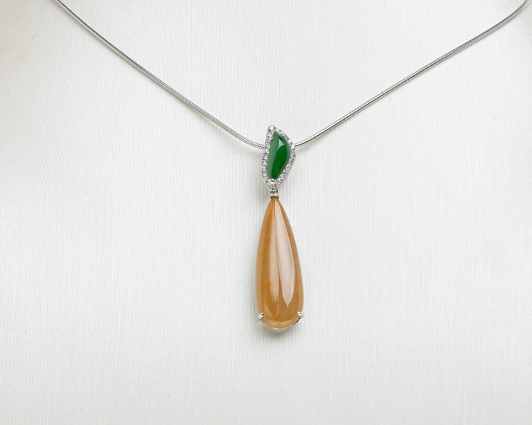 Imperial Green and Yellow Jadeite Jade Pear and Diamond Pendant, Cert ...