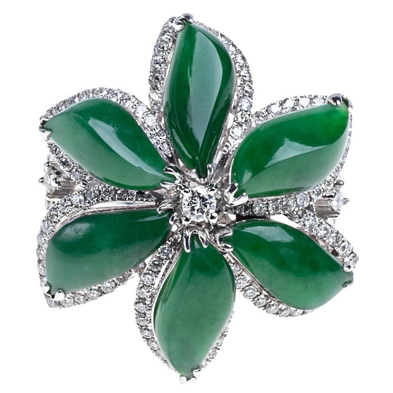 Imperial Green Jadeite Jade Flower and Diamond Ring, Certified ...