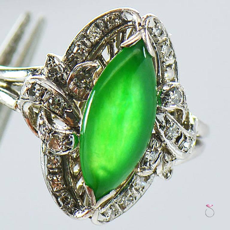 Imperial Green Jadeite jade Marquise Shape cabochon and Diamond Ring ...