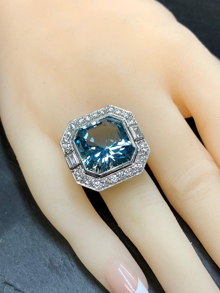 Important 18K Santa Maria Aquamarine Octagonal Diamond Ring For Sale at ...