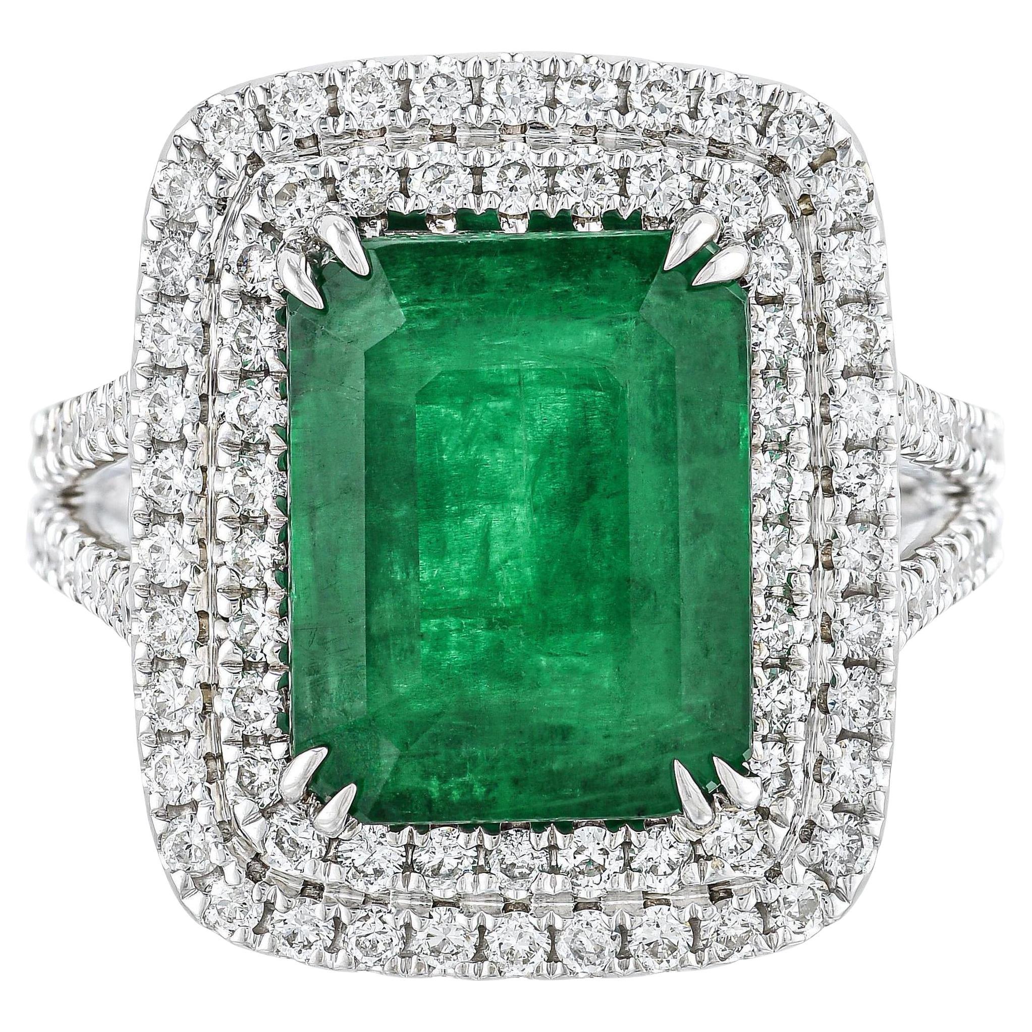 Important Natural Emerald Ring Diamond Double Halo 5.36 Carats 18K Gold ...