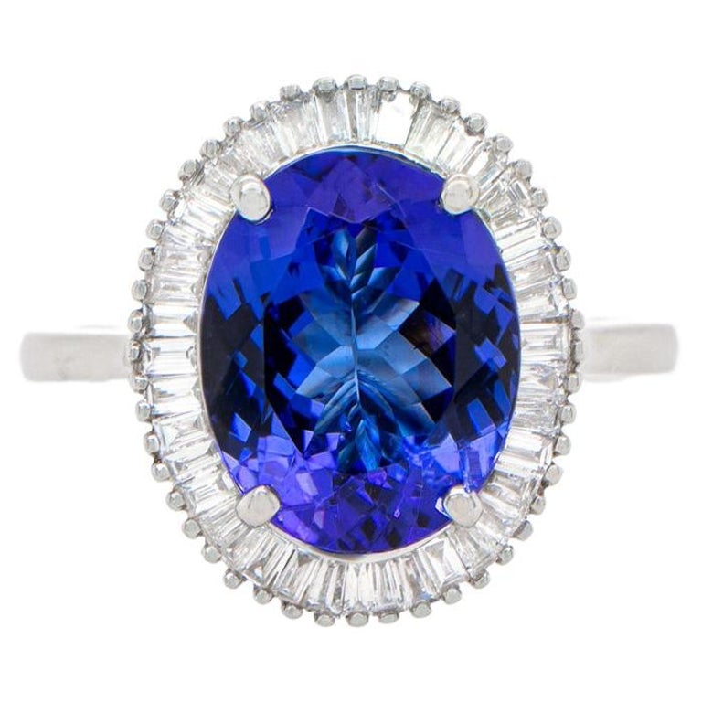 Important 5.15 Carat Tanzanite Ring with Baguette Diamond Halo Platinum ...