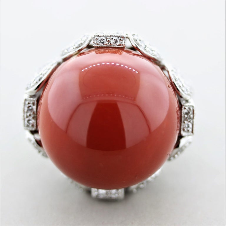 Important Coral Diamond Platinum Cocktail Ring For Sale at 1stDibs