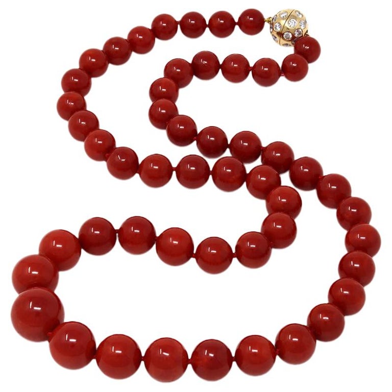 Important Deep Red Coral Necklace with 18 Karat Yellow Gold Diamond ...