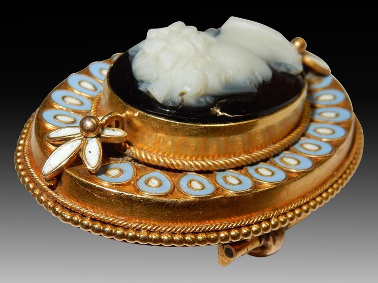 Important Exquisite Rare Antique Hardstone Gold and Enamel Cameo Brooch ...