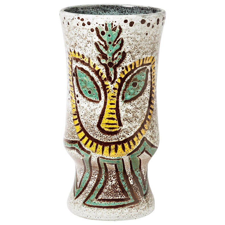 Important Grey Accolay Ceramic Vase Visage Decoration French Pottery ...