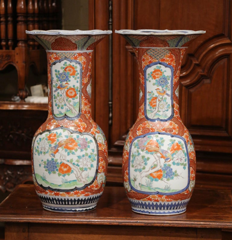 Important Pair of 19th Century Japanese Porcelain Imari Vases with Bird ...
