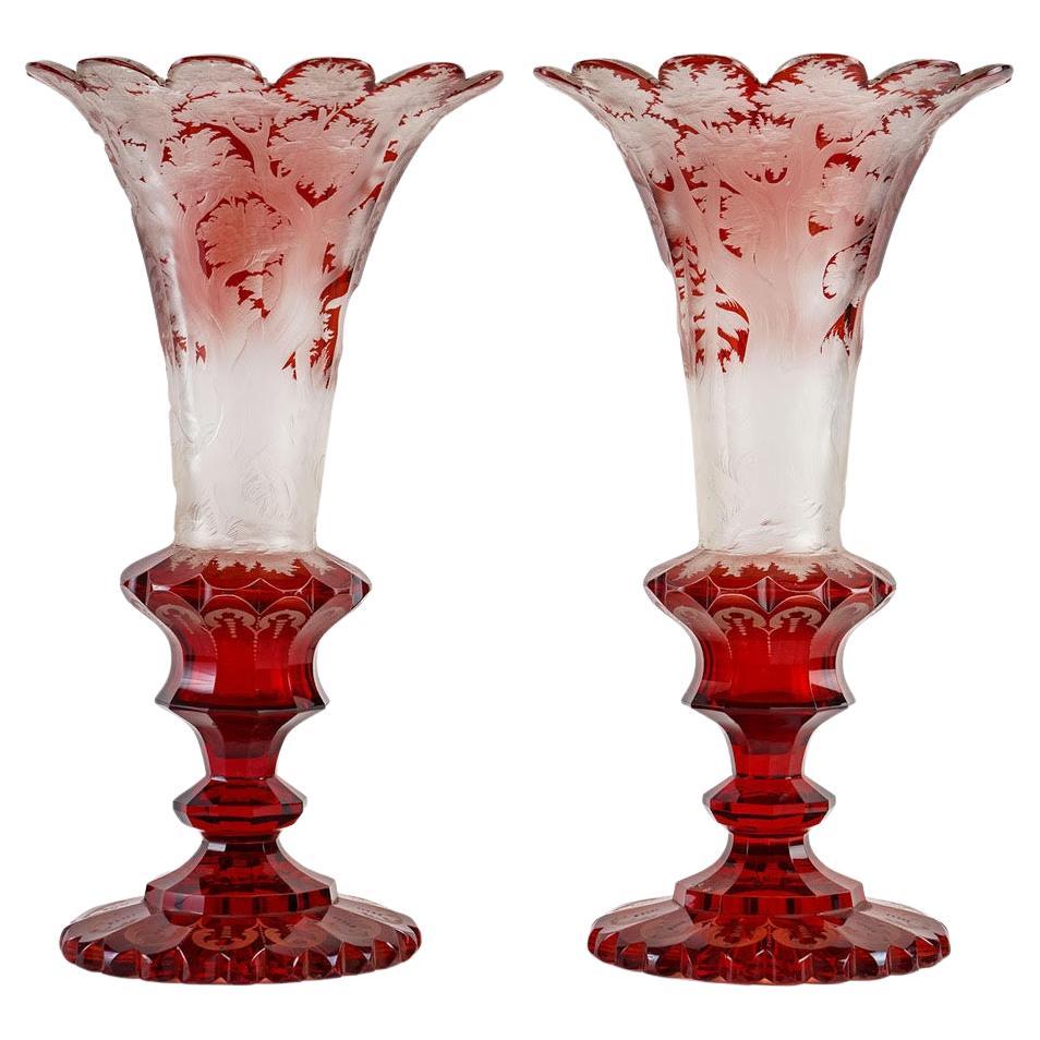 Pair of Bohemian White Tall Overlay Crystal Glass Vases at 1stDibs ...