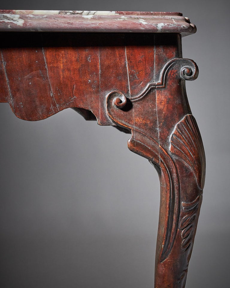 Important Pair of George II Irish Walnut Console Tables, Breccia Violat ...
