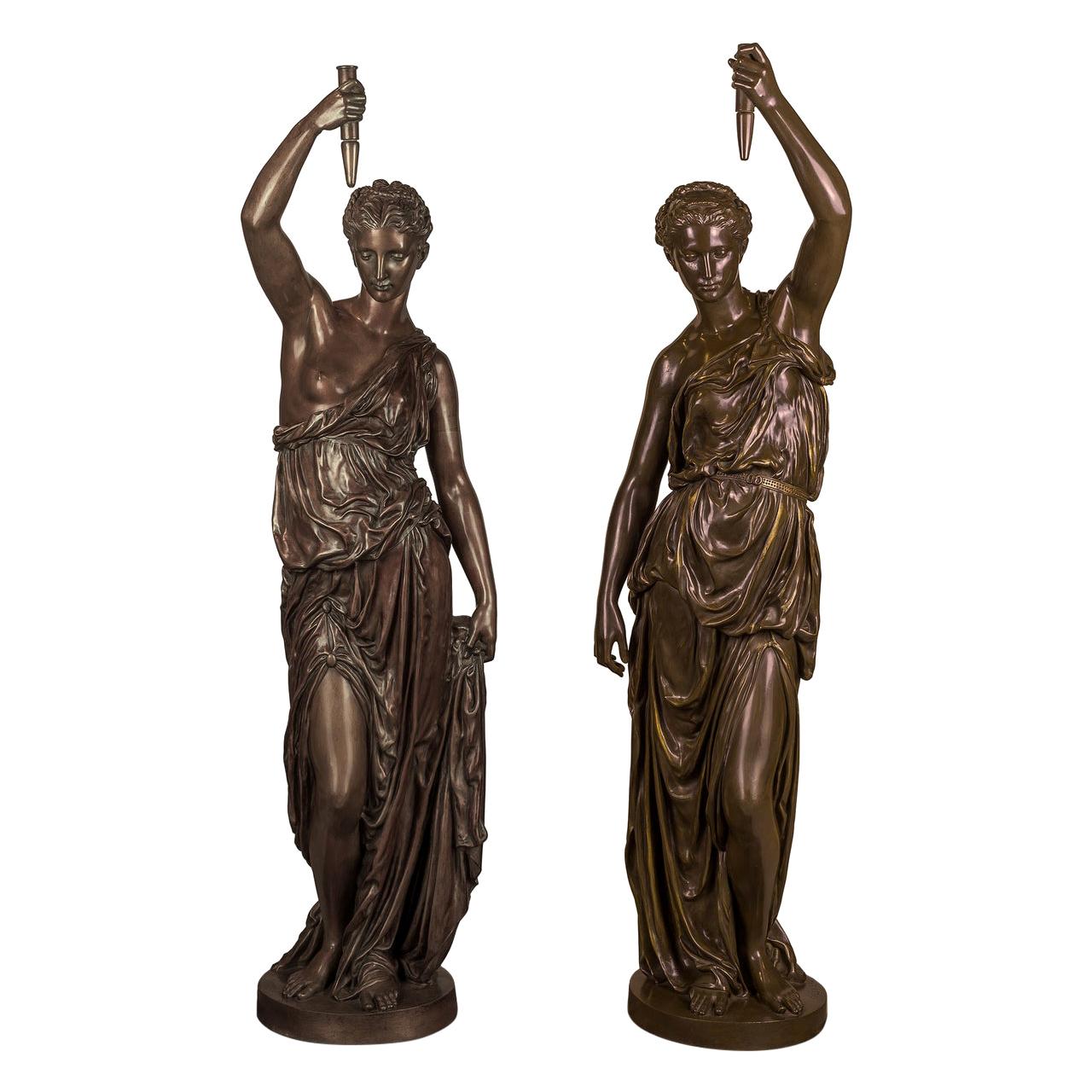 Large 19th Century Pair of Bronze Figural Torcheres For Sale at 1stDibs