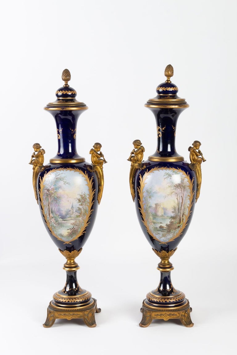 Important Pair of Napoleon III Blue Sèvres Vases, 19th Century at 1stDibs