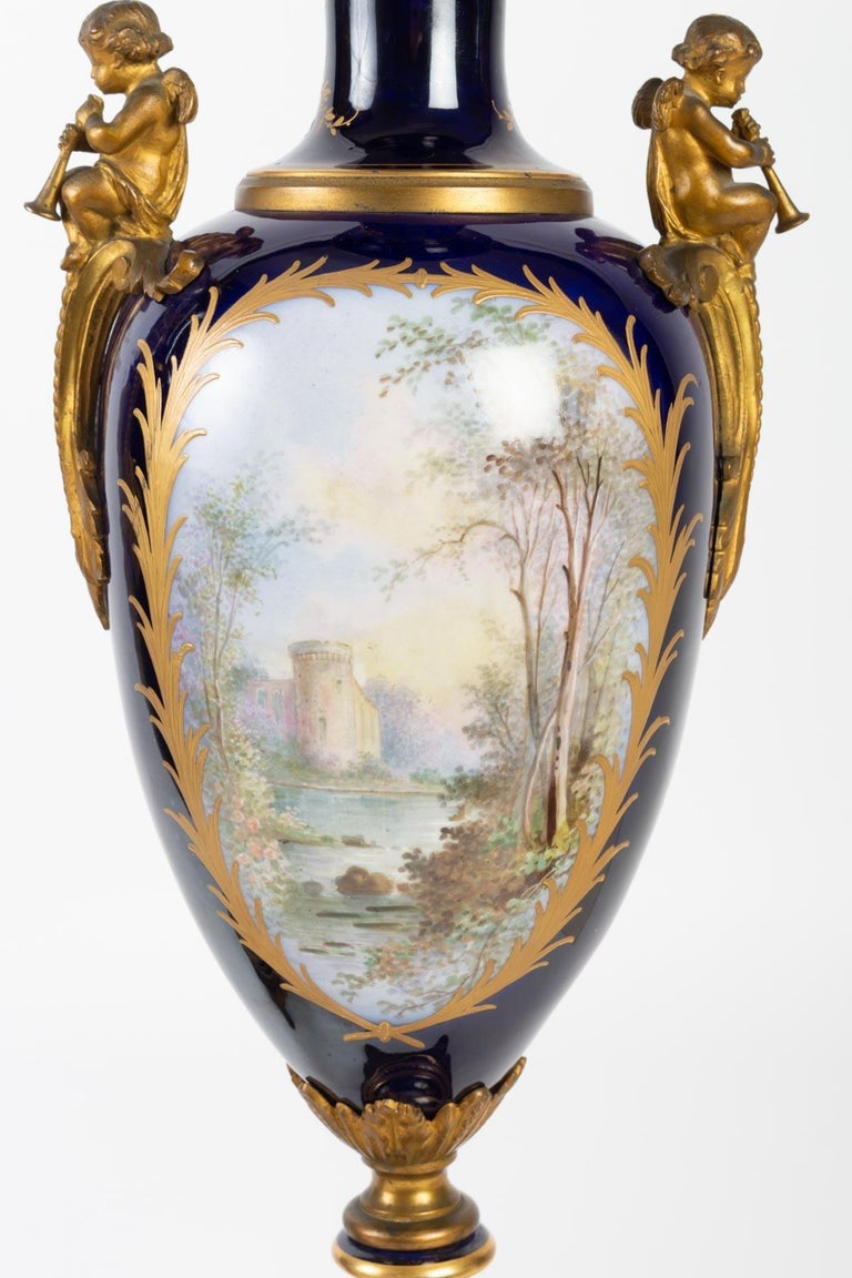 Important Pair of Napoleon III Blue Sèvres Vases, 19th Century at 1stDibs