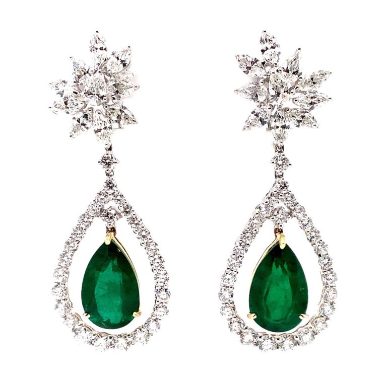 Important Pear Shape Natural African Emerald and Diamond Earrings Set ...
