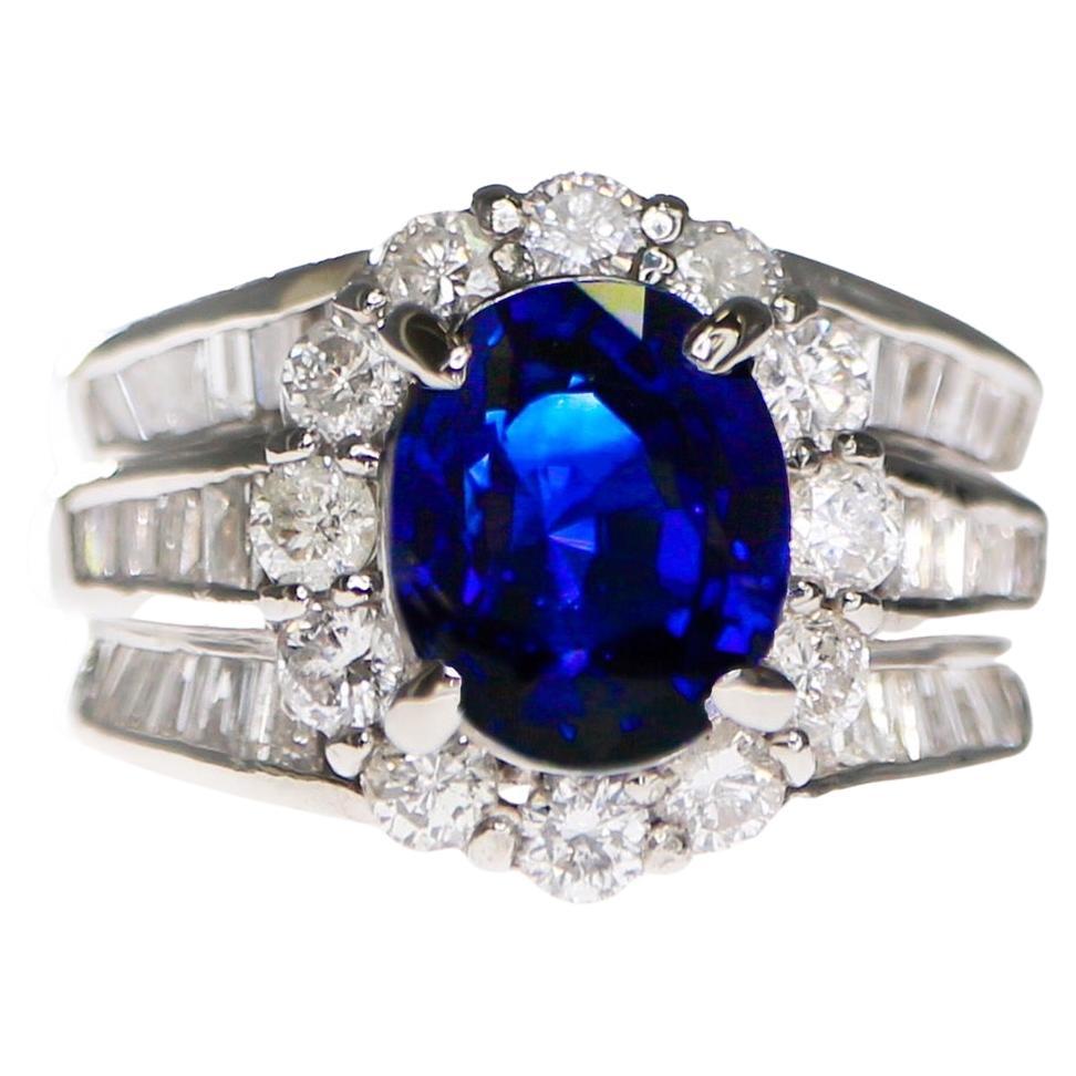 Certified PT900 3.30 ct Royal Blue Sapphire Art Deco Engagement Ring For Sale at 1stDibs