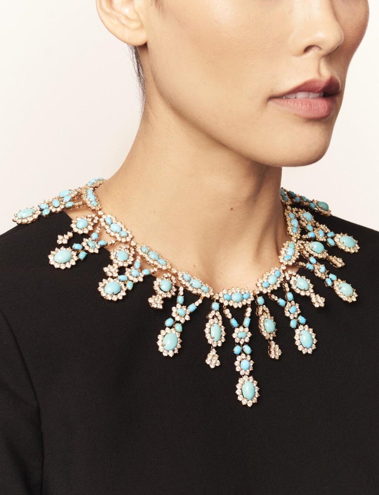 Important Retro Turquoise and Diamond Fringe Necklace For Sale at 1stDibs