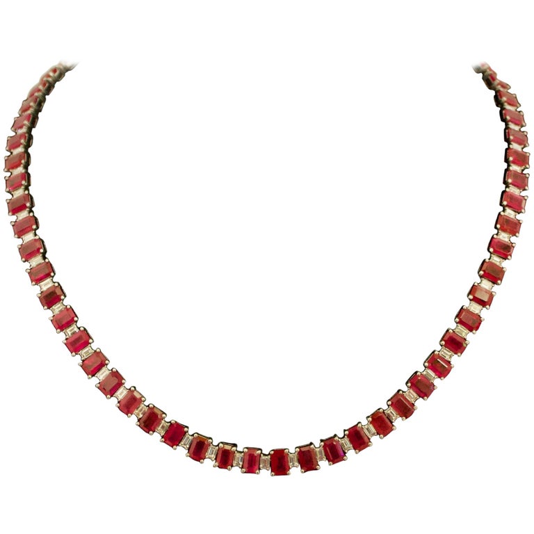 Important Ruby and Diamond Straight Line Necklace in Platinum at 1stDibs
