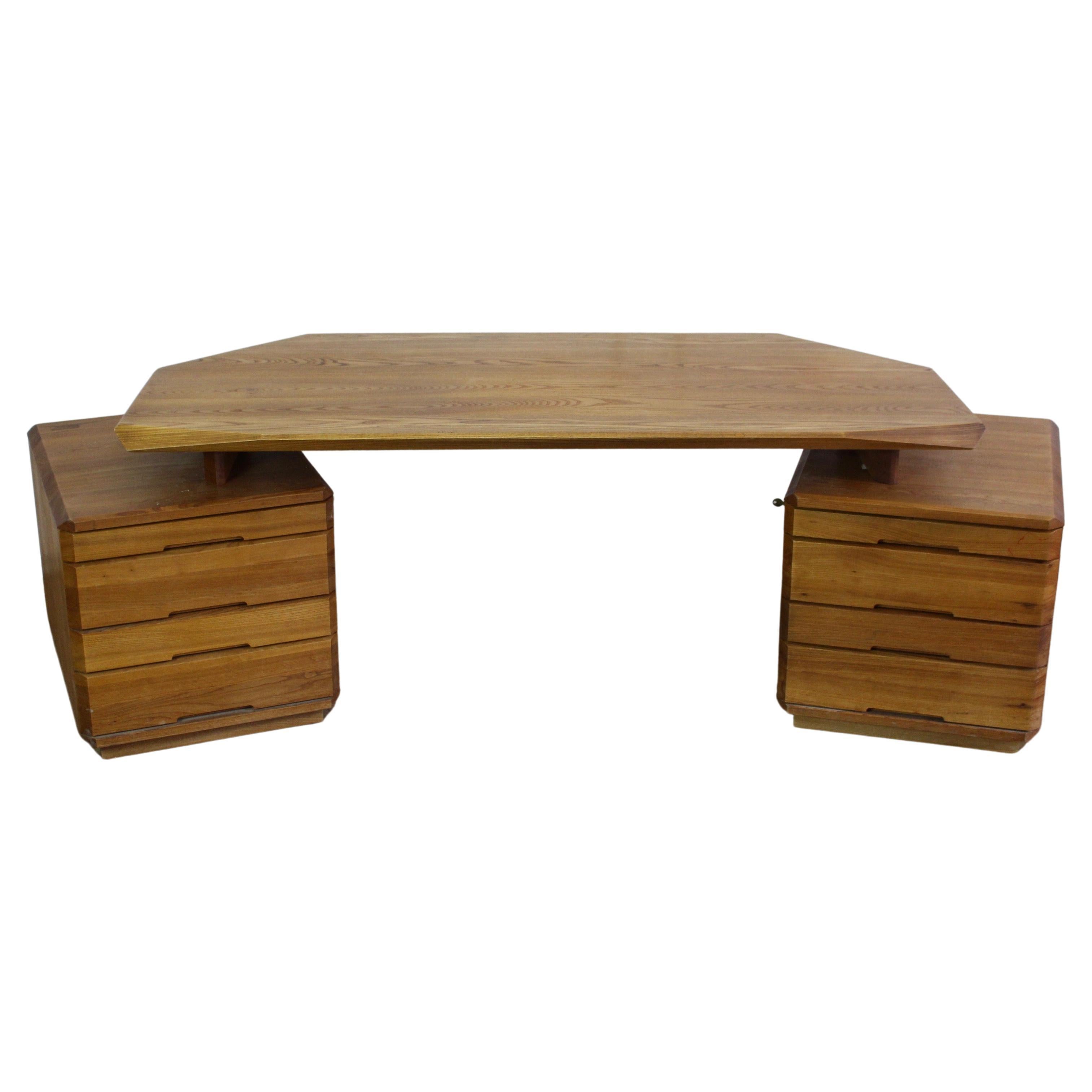 Curved writing desk in solid elm for Seltz, France 1980 For Sale at 1stDibs