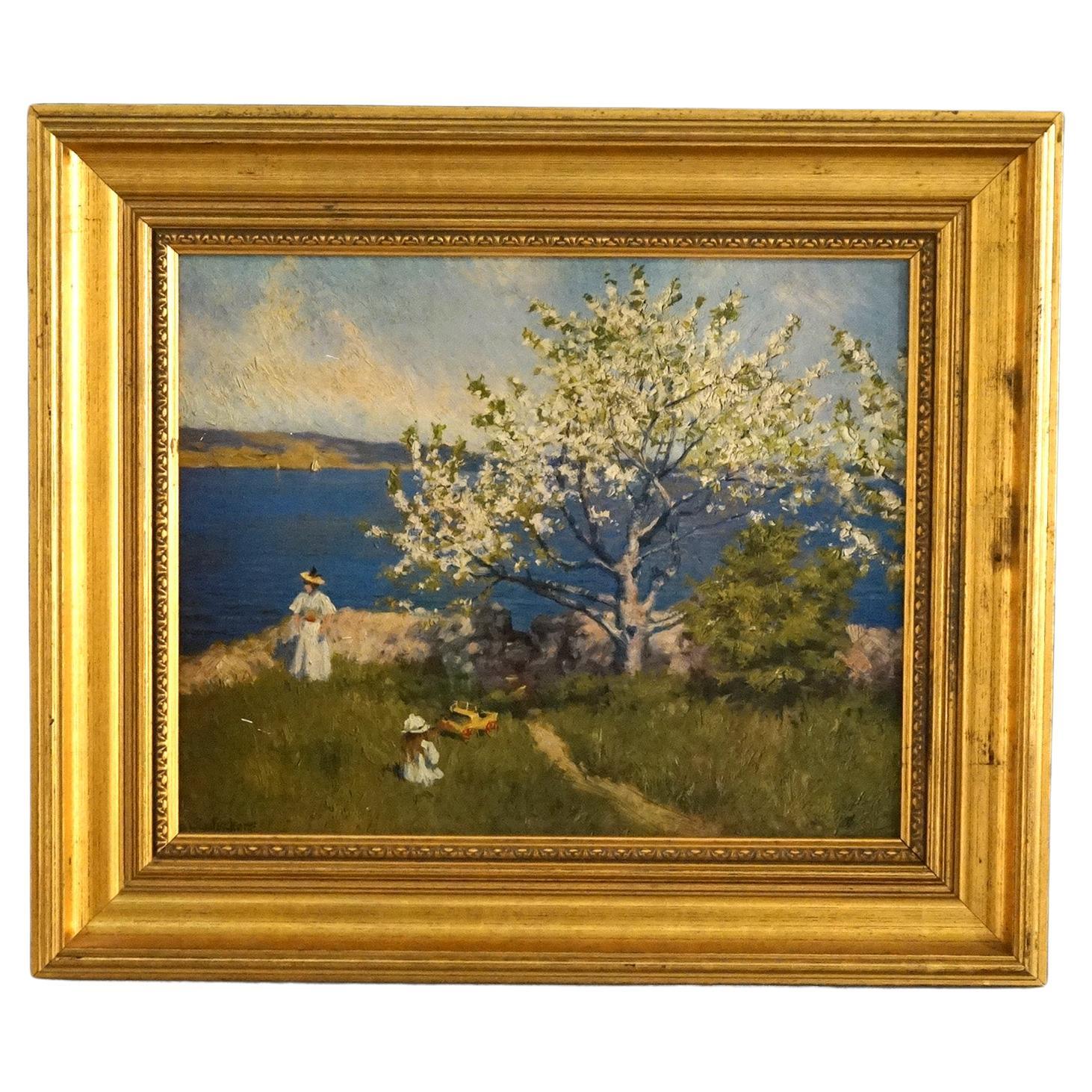 Impressionistic Giclee Artwork Landscape with Figures In Giltwood Frame ...