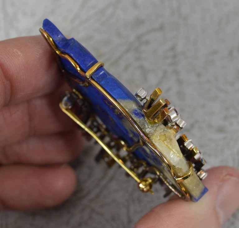 Impressive 14ct Gold Carved Lapis Lazuli Fish Ruby and Diamond Retro ...