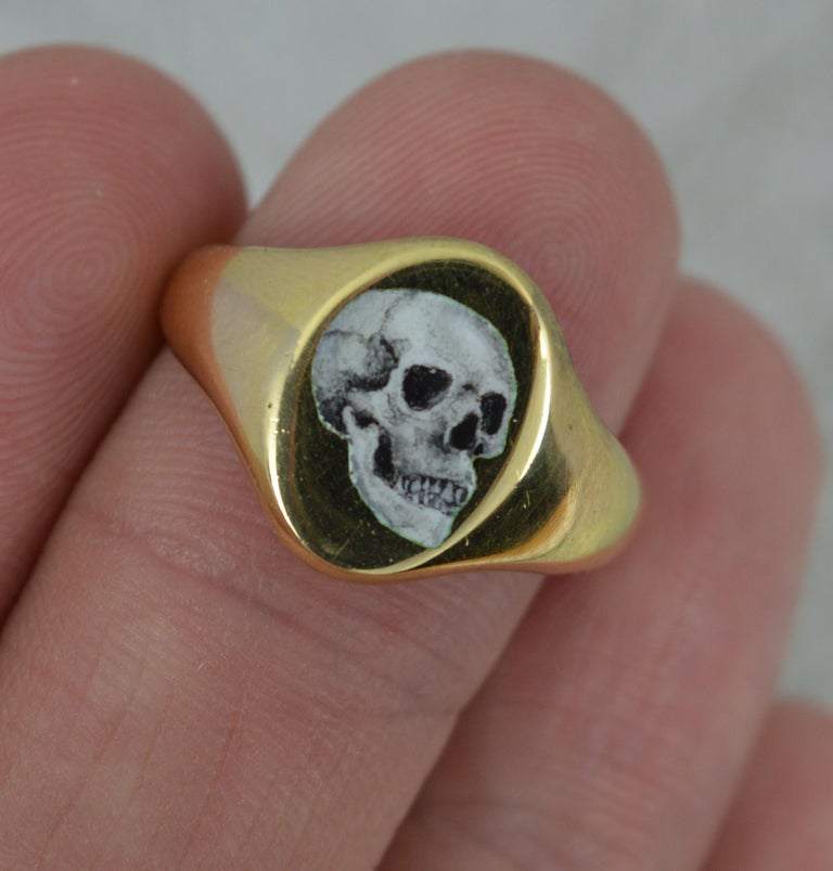 Impressive 18 Carat Gold and Enamel Skull Signet Ring at 1stDibs