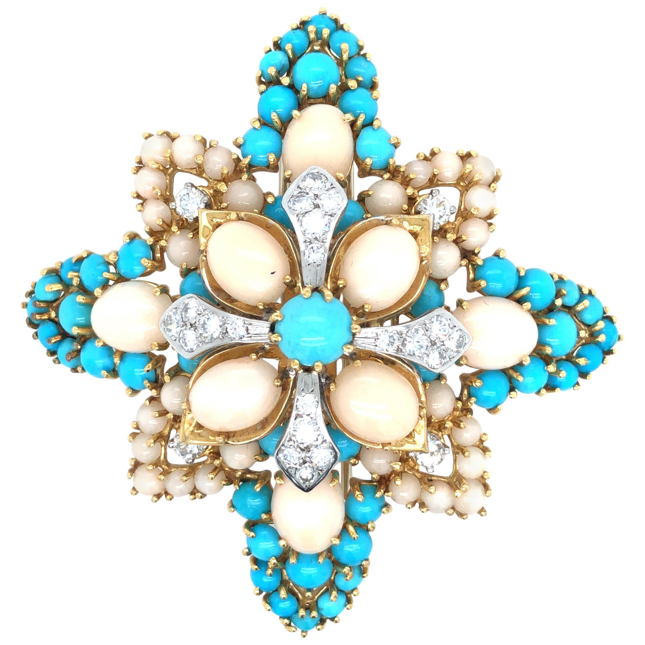 Impressive 18 Karat Persian Turquoise and Angel Skin Coral Brooch at ...