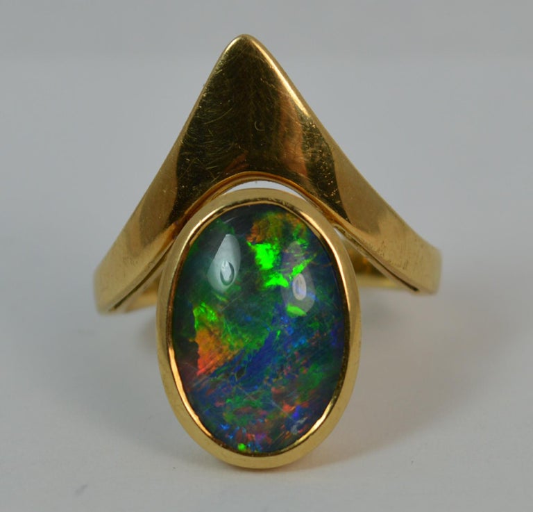 Impressive 18 Carat Gold and Colourful Opal Triplet Solitaire Wishbone Ring at 1stDibs