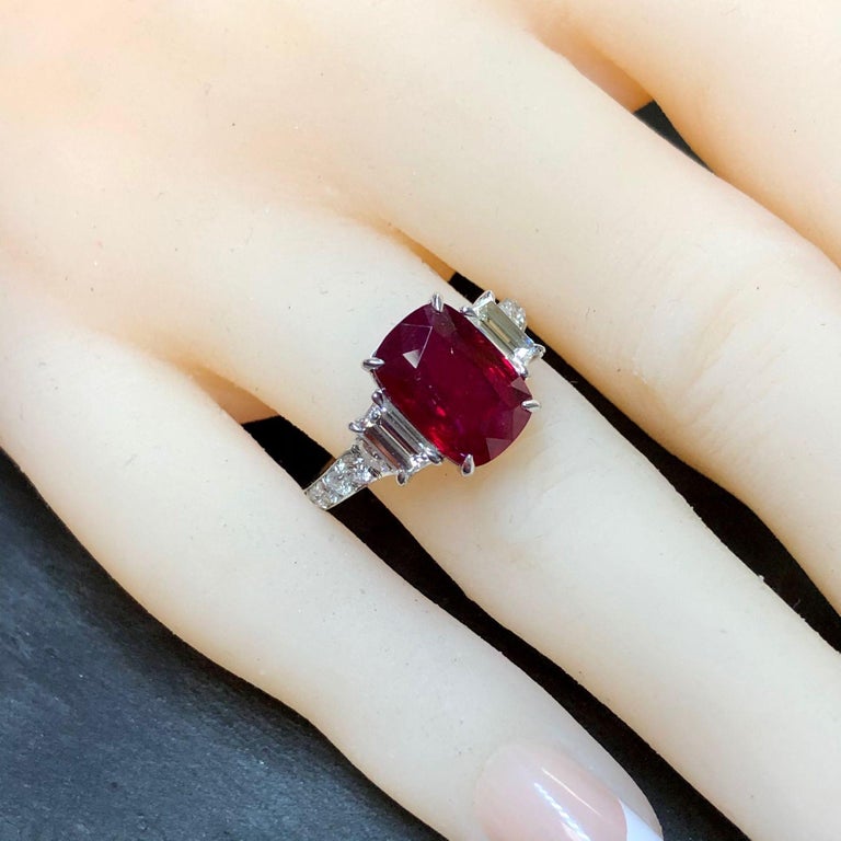 Impressive 5.04ct Cushion Cut GRS Vivid Red Ruby 3-Stone Diamond Ring ...
