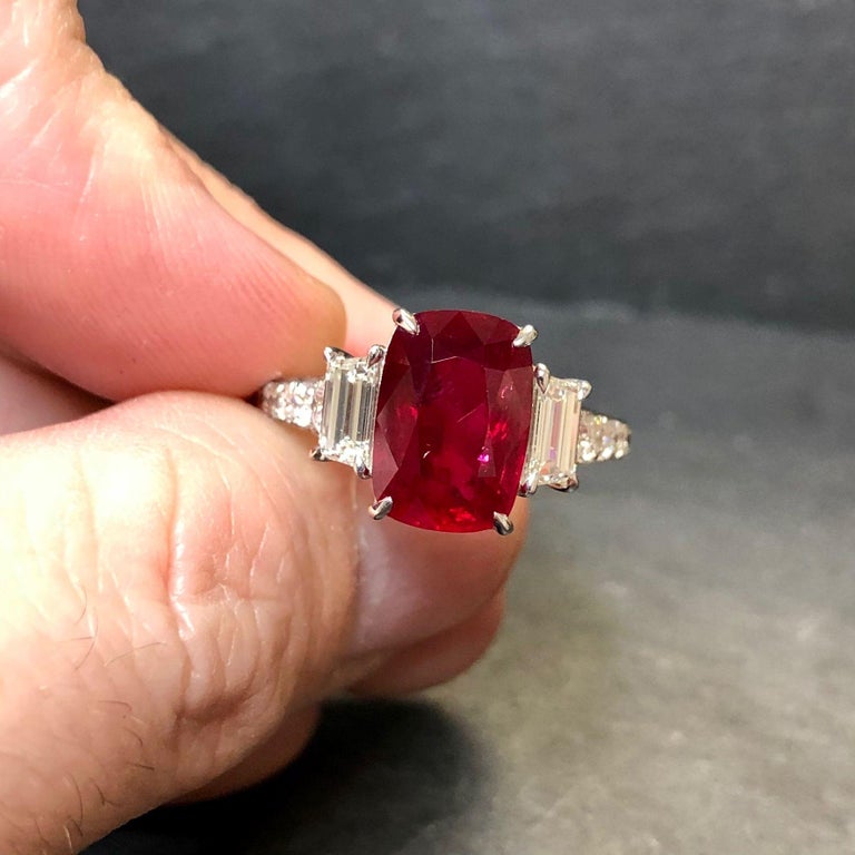 Impressive 5.04ct Cushion Cut GRS Vivid Red Ruby 3-Stone Diamond Ring ...