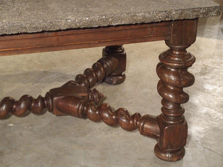 Impressive French Oak Table with Large Turned Legs and Bluestone Top, C ...