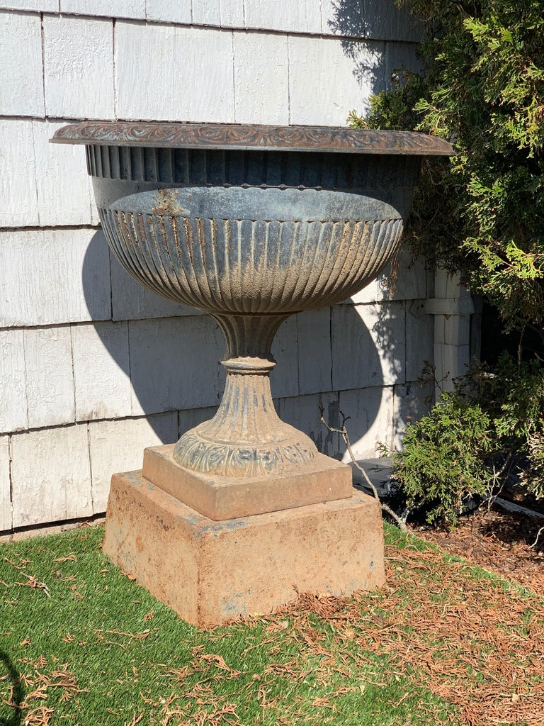 Impressive Large Antique Iron Urn Planter with Blue Green Patina at 1stDibs