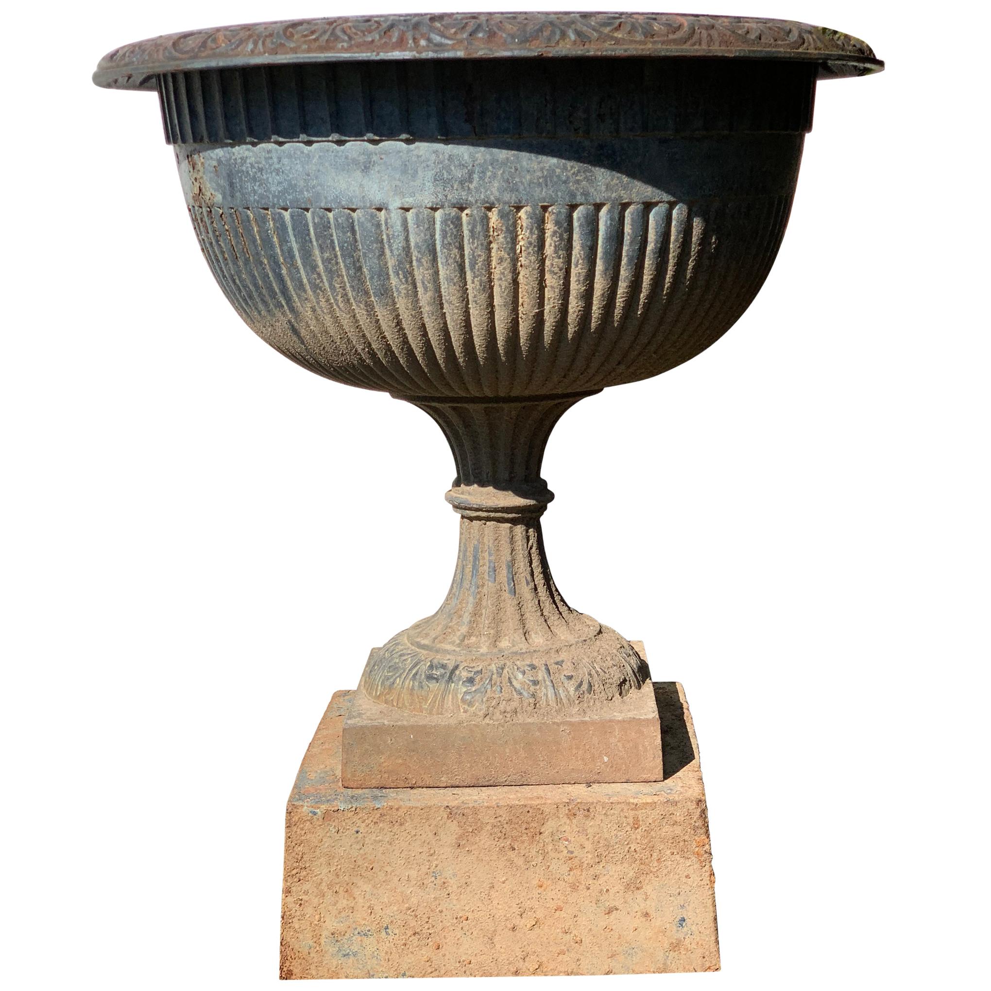 Impressive Large Antique Iron Urn Planter with Blue Green Patina at 1stDibs