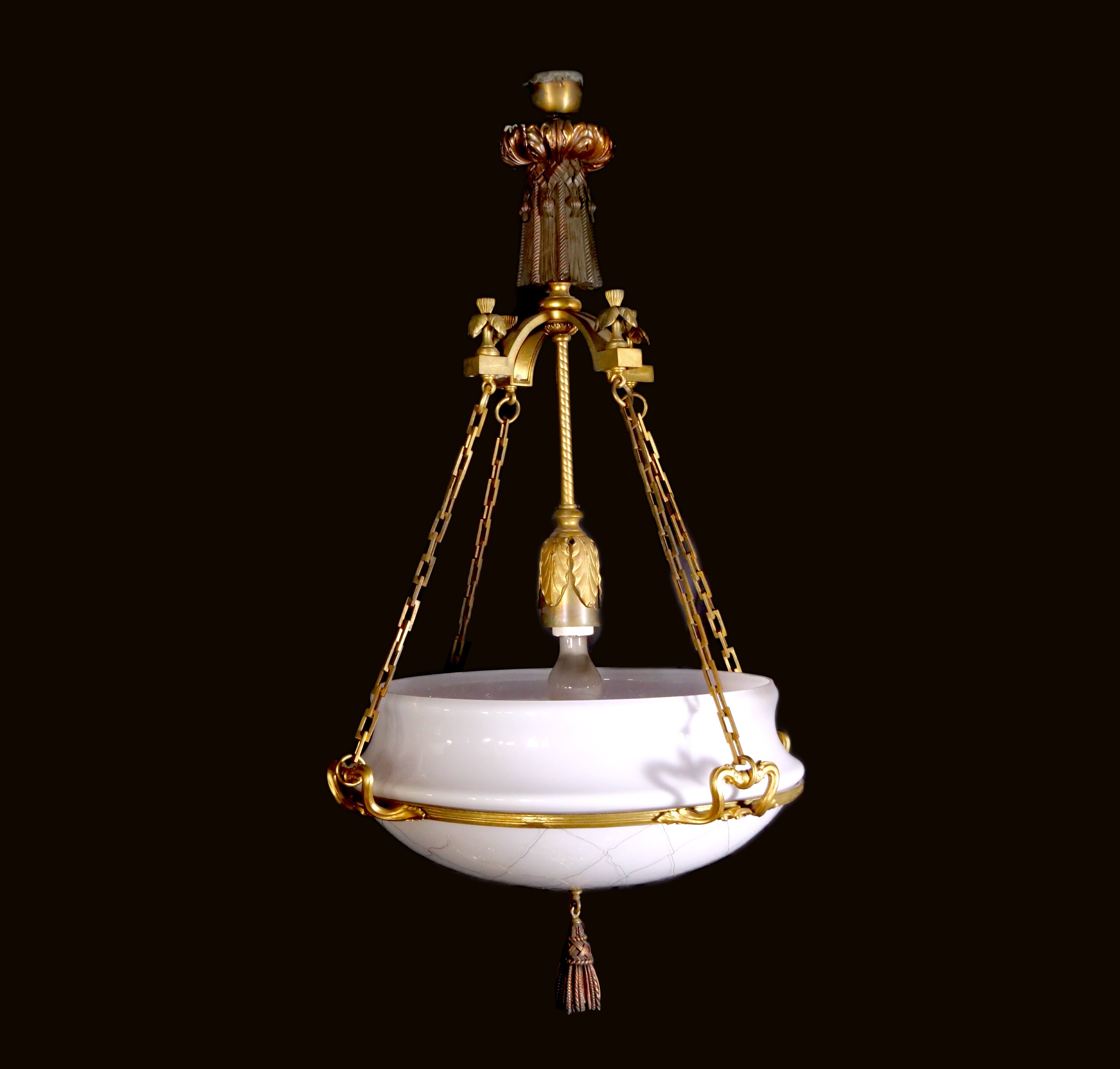 Impressive and Large Gilt Bronze / Art Glass Holding Base Chandelier ...