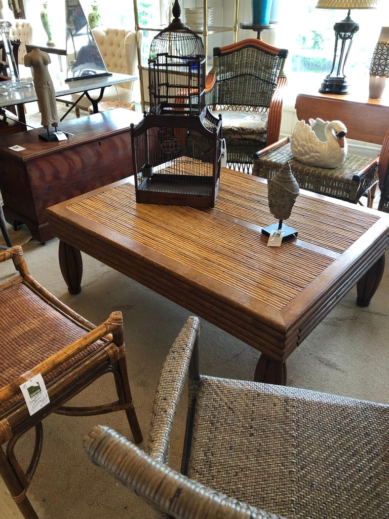 Impressive Large Vintage Rattan and Oak Coffeetable For Sale at 1stDibs