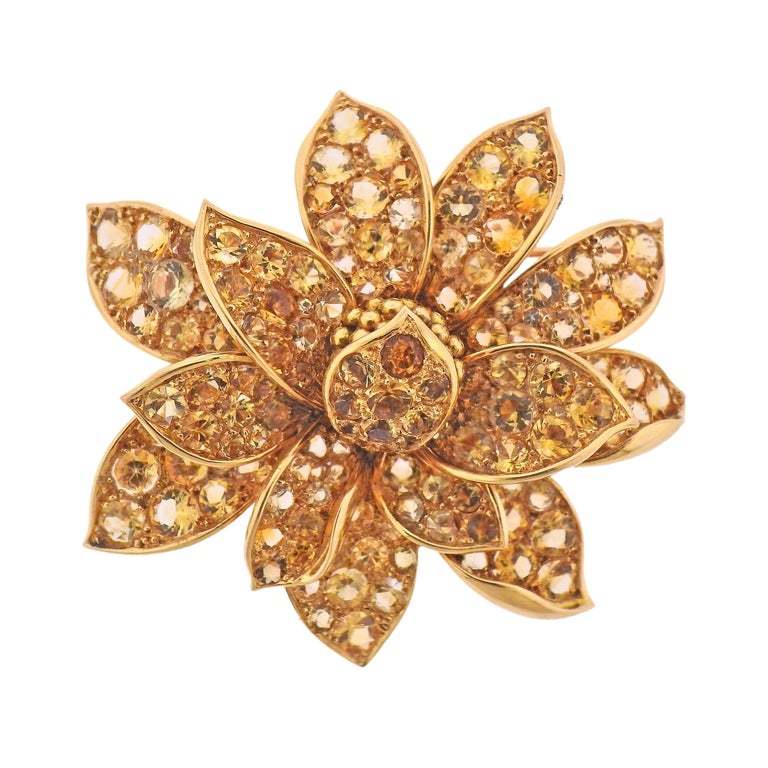 Impressive Large Yellow Sapphire Gold Flower Brooch For Sale at 1stDibs